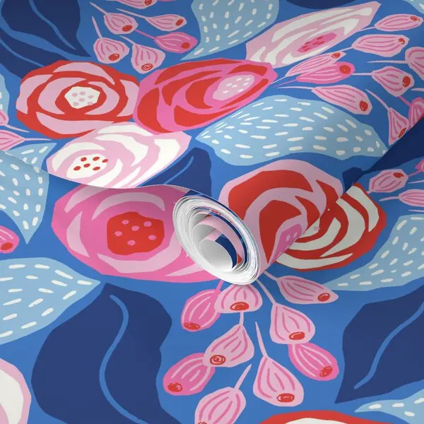 Spoonflower Pink Blue Bright Floral Nature Modern Custom Pre-pasted Wallpaper - Blue,purple,pink