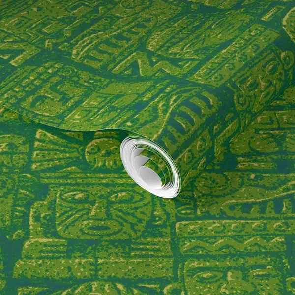 Spoonflower Vintage Retro Mexico Mid Century Tiki Mayan Custom Pre-pasted Wallpaper - Green
