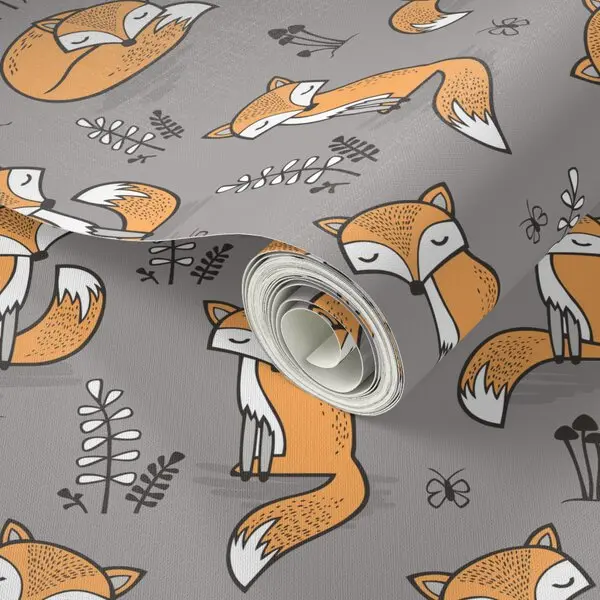 Spoonflower Dreamy Fox Opal Gray Foxes Forest Woodland Autumn Custom Pre-pasted Wallpaper - Gray,brown,black
