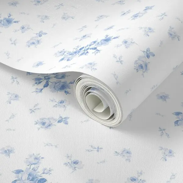 Spoonflower Watercolor Roses Blueberry Blue Nature White Traditional Wallpaper - White,blue,gray