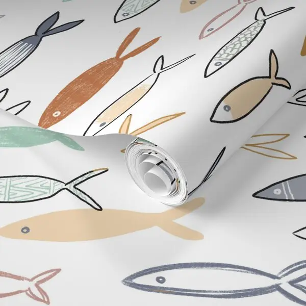 Spoonflower Fish Hand Drawn Beach School Sea Ocean Fishing Custom Pre-pasted Wallpaper - Gray,brown,blue