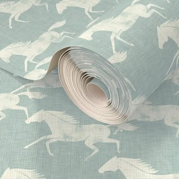 Spoonflower Vintage Equestrian Victorian Inspired Blue White 100% Natural Sisal Grasscloth Wallcovering - Blue,white,gray