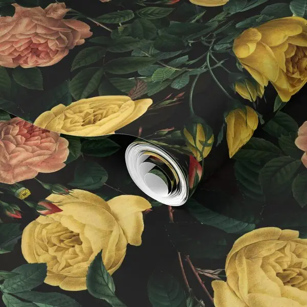 Spoonflower Yellow Pink Roses Black Florals Vintage Flowers Custom Pre-pasted Wallpaper - Pink,yellow,black