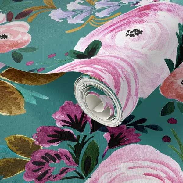 Spoonflower Floral Teal Flowers Vintage Victorian Pink Custom Removable Wallpaper - Blue,green,pink