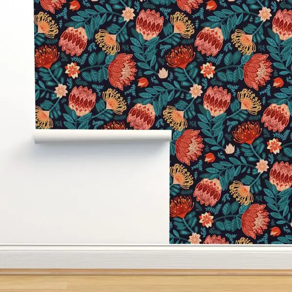 Spoonflower Non Directional Protea Chintz Large Scale 100% Natural Sisal Grasscloth Wallcovering