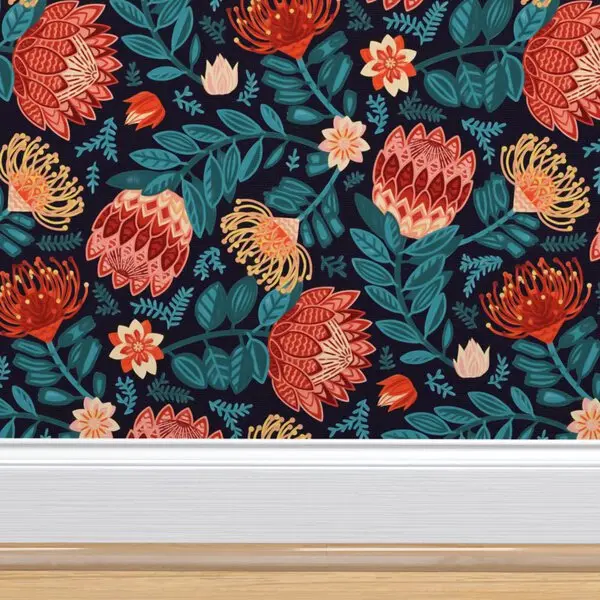 Spoonflower Non Directional Protea Chintz Large Scale 100% Natural Sisal Grasscloth Wallcovering