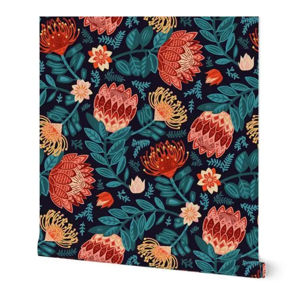 Spoonflower Non Directional Protea Chintz Large Scale 100% Natural Sisal Grasscloth Wallcovering