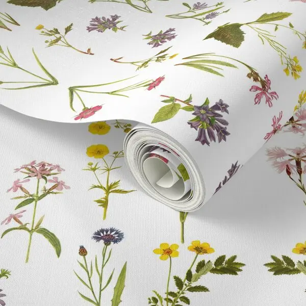 Spoonflower Floral Meadow Spring Summer Watercolour Custom Pre-pasted Wallpaper - White,green,gray