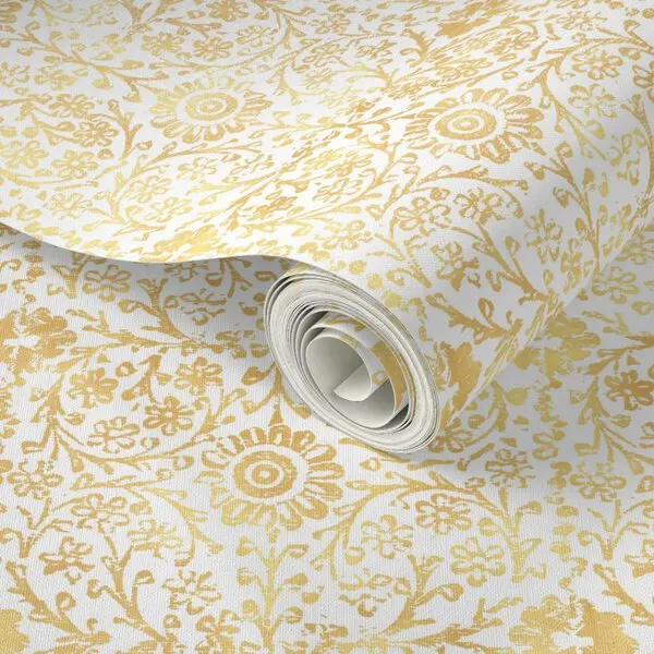 Spoonflower Gold Floral Boho Bohemian Damask Modern Custom Pre-pasted Wallpaper - Gold,beige,white
