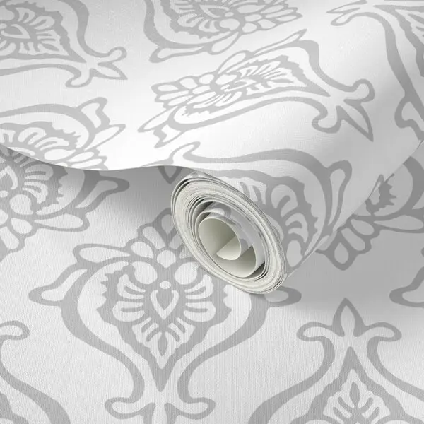 Spoonflower Damask India Woodblock Clean Simple Traditional Custom Pre-pasted Wallpaper - Gray,white