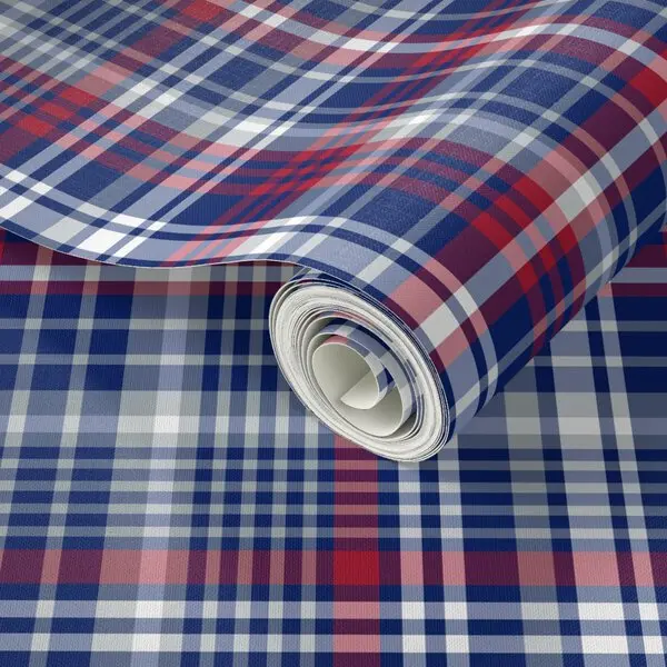 Spoonflower White Blue Plaid Red Grey Traditional Wallpaper - Blue,pink