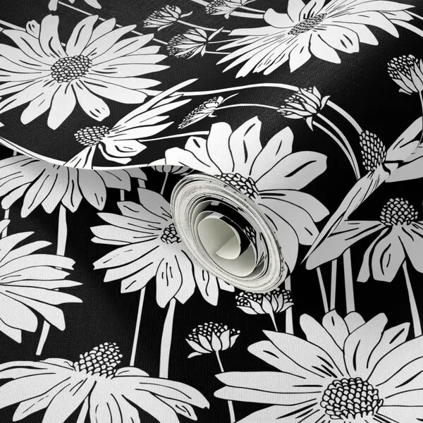 Spoonflower Color Garden Black White Flowers Daisies Gardening Custom Pre-pasted Wallpaper - Black,white,gray
