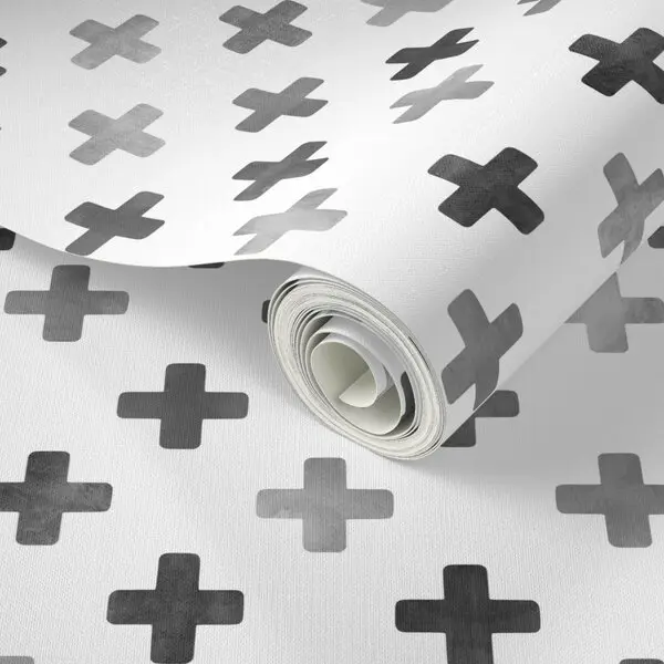 Spoonflower Swiss Cross Pattern Gray White Plus Watercolor Custom Pre-pasted Wallpaper - Gray,white,black