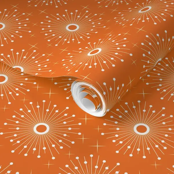 Spoonflower Mid Century Starburst Floral Orange Custom Pre-pasted Wallpaper - Orange,beige,brown