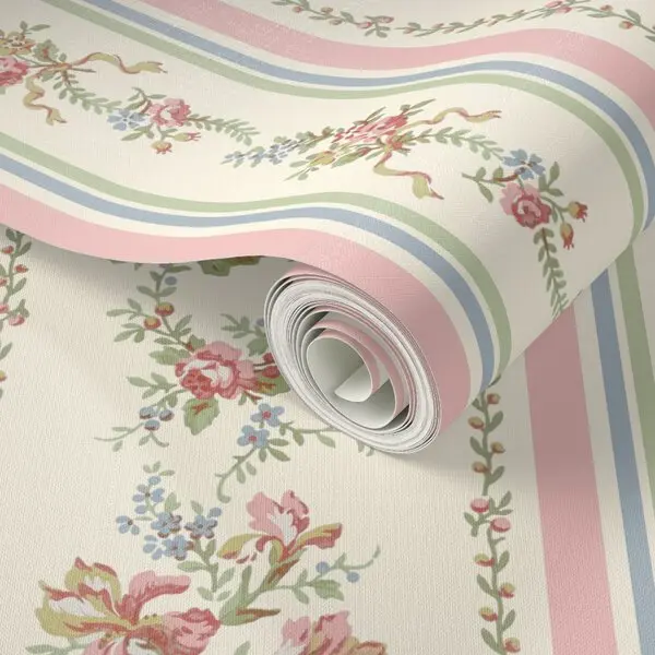 Spoonflower Floral Stripe Pastel Cosmic Latte Vintage Flowers Custom Removable Wallpaper - Beige,pink,gray