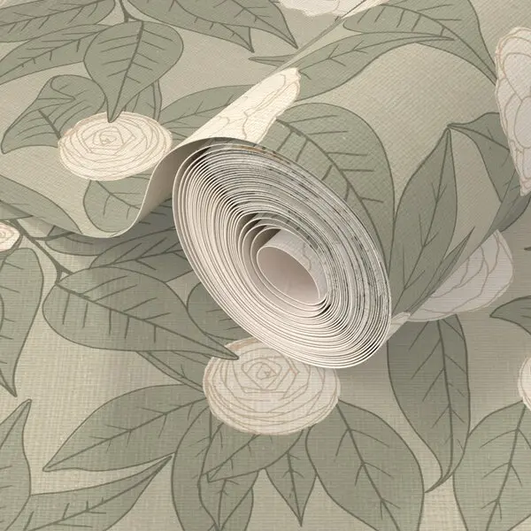 Spoonflower Camellias Cream And Sage 100% Natural Sisal Grasscloth Wallcovering - Gold,sage,beige
