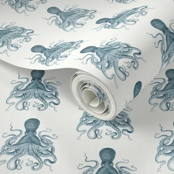 Spoonflower Octopus Sea Vintage Blue Coastal Nautical Theme Custom Pre-pasted Wallpaper - Blue,white,mint