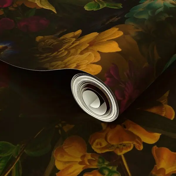 Spoonflower Burgundy English Rose Night Flowers Flower Garden Custom Removable Wallpaper - Blue
