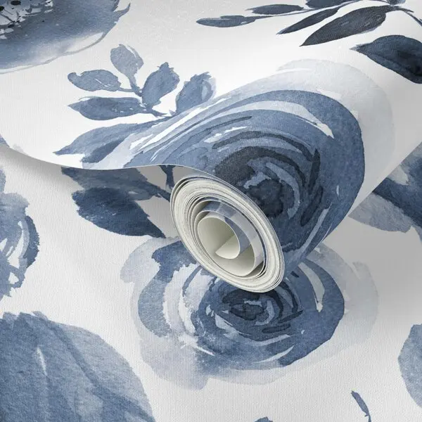 Spoonflower Blue Roses Floral Flowers Boho Indigo Shibori Custom Removable Wallpaper - Blue,white