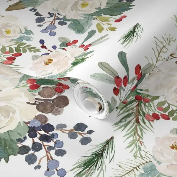 Spoonflower Floral Winter Holiday Florals White Red Flowers Custom Pre-pasted Wallpaper - White,gray,green