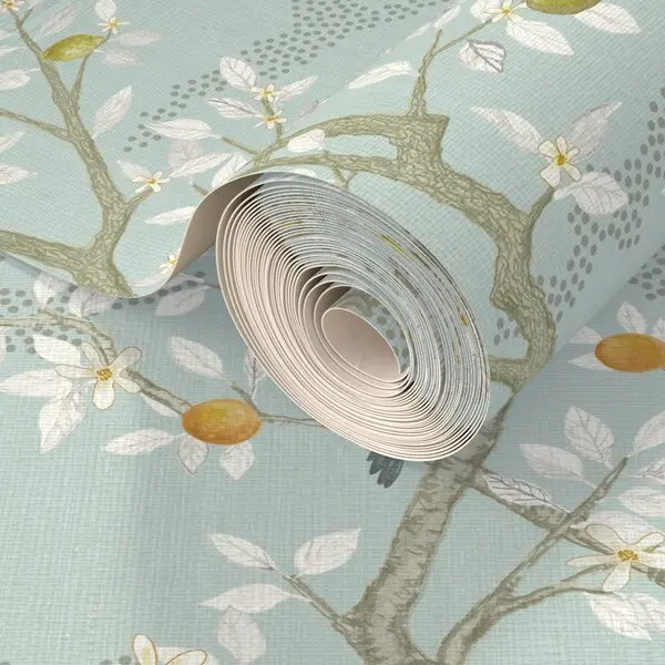 Spoonflower Grey Birds Trees Aqua Citrus Taupe Tree White 100% Natural Sisal Grasscloth Wallcovering - Blue,white,mint