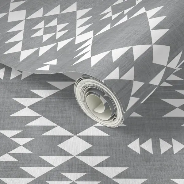 Spoonflower Gray White Geometric Triangles Boho American Kilim Custom Pre-pasted Wallpaper - Gray,white