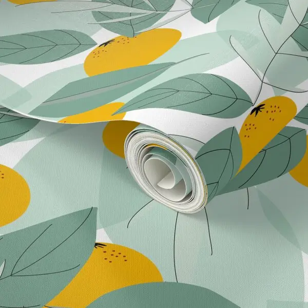 Spoonflower Citrus Fruit Fruits Leaves Food Tangerine Grove Custom Pre-pasted Wallpaper - Orange,green,mint