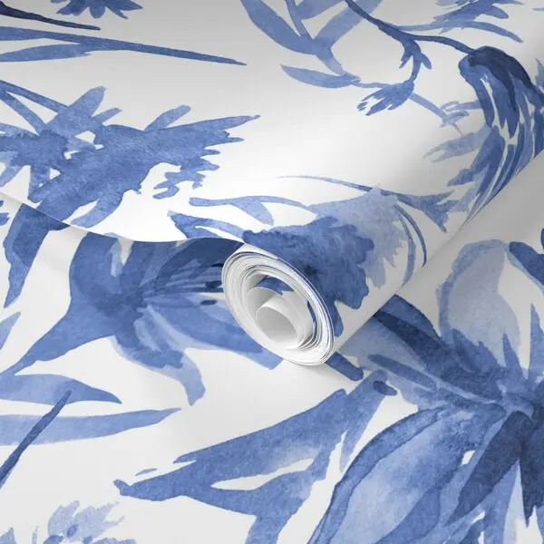 Spoonflower Wild Flowers Blues Watercolor Blue White Cool Custom Pre-pasted Wallpaper - Blue,white