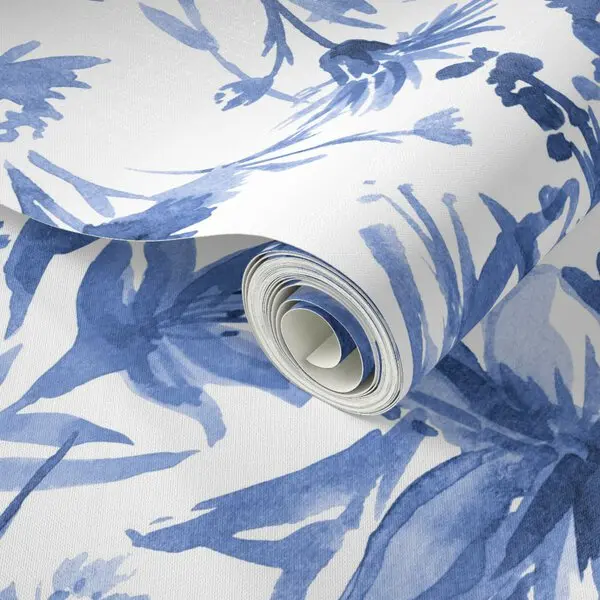 Spoonflower Wild Flowers Blues Watercolor Blue White Cool Custom Pre-pasted Wallpaper - Blue,white