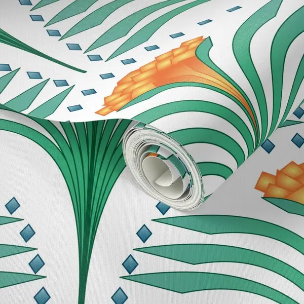 Spoonflower Art Deco Flowers Orange Green Leaves Floral Custom Removable Wallpaper - Green,orange,mint