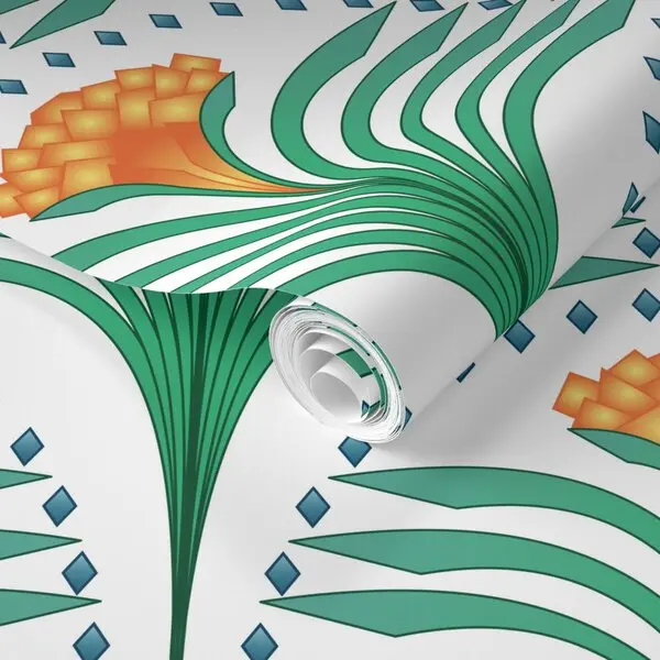 Spoonflower Art Deco Flowers Orange Green Leaves Floral Custom Removable Wallpaper - Green,orange,mint