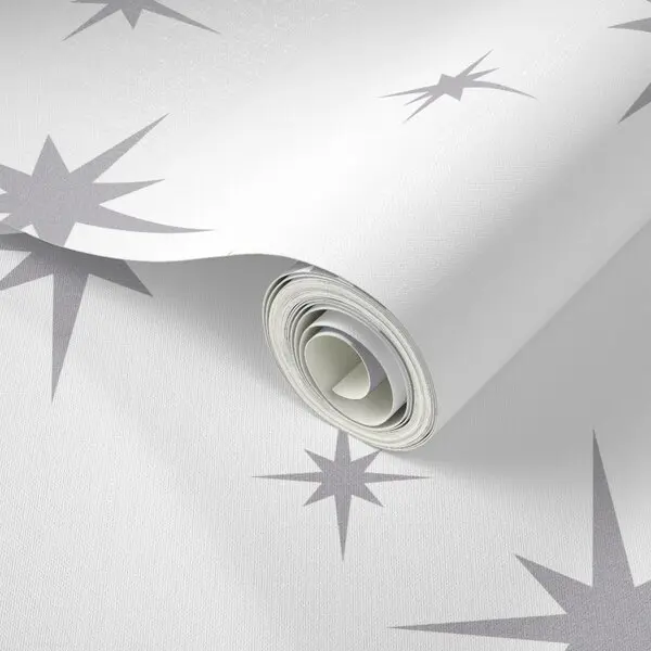 Spoonflower Star Stars Retro Silver Starbursts Mid Century Custom Pre-pasted Wallpaper - White,gray