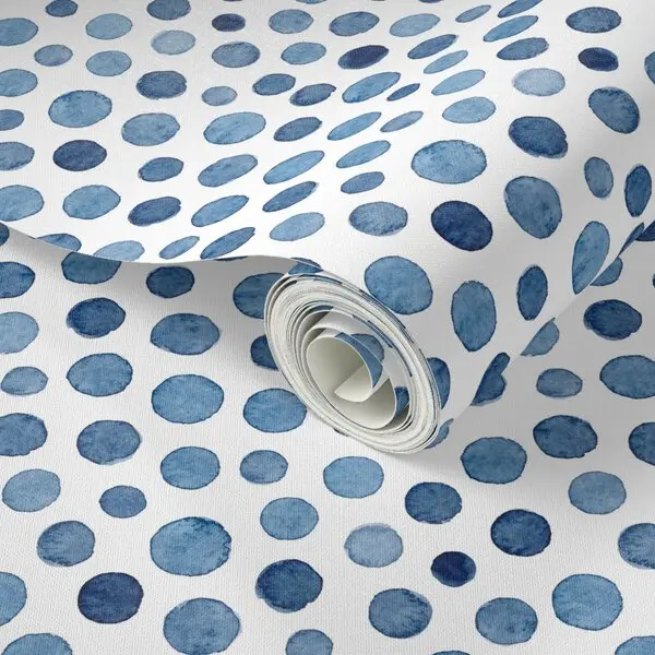Spoonflower Watercolor Watercolour Polka Dots Dot Circles Traditional Wallpaper - White,blue,gray