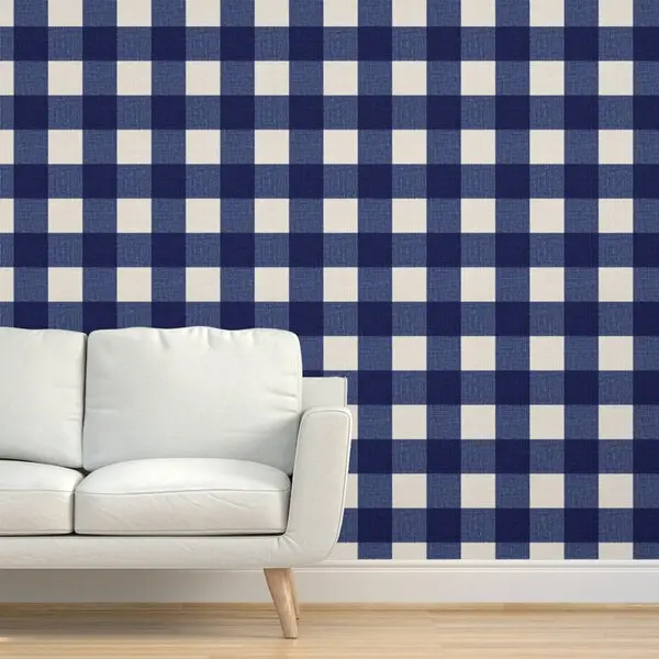 Spoonflower New Gingham Royal 100% Natural Sisal Grasscloth Wallcovering