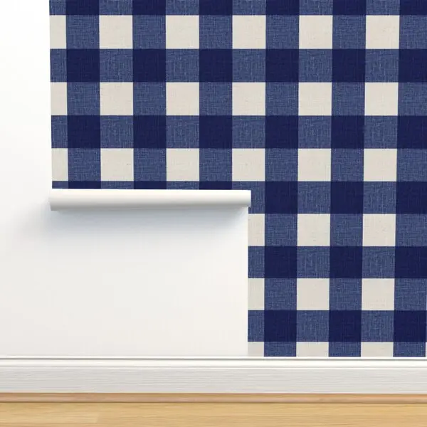 Spoonflower New Gingham Royal 100% Natural Sisal Grasscloth Wallcovering