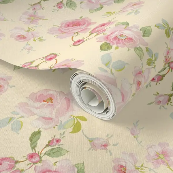 Spoonflower Pink Roses Shabby Chic Yellow Traditional Wallpaper - Beige,brown,pink