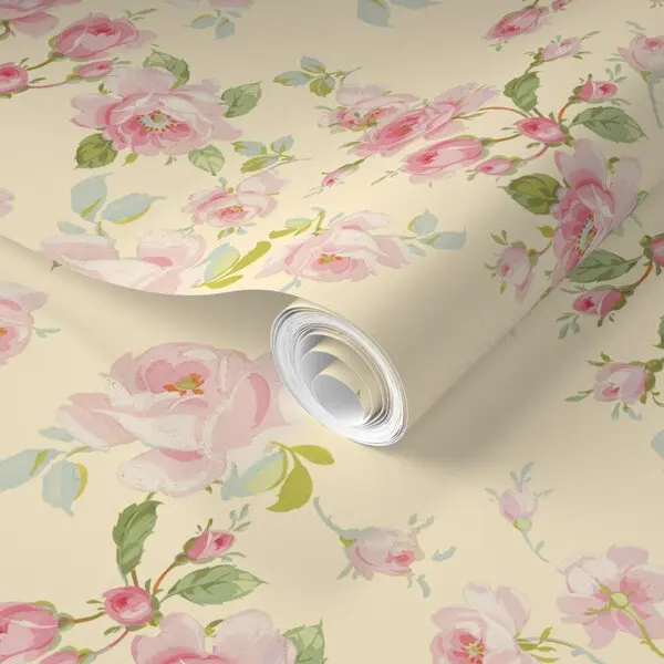 Spoonflower Pink Roses Shabby Chic Yellow Traditional Wallpaper - Beige,brown,pink