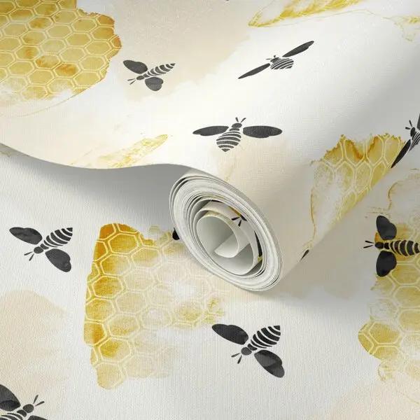 Spoonflower Bee Summer Garden Watercolor Honey Gold Black Custom Pre-pasted Wallpaper - Yellow,black,beige