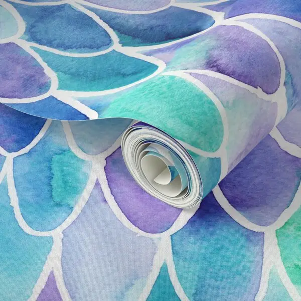 Spoonflower Blue Purple Turquoise Whimsical Beach Sea Traditional Wallpaper - Blue,purple,teal
