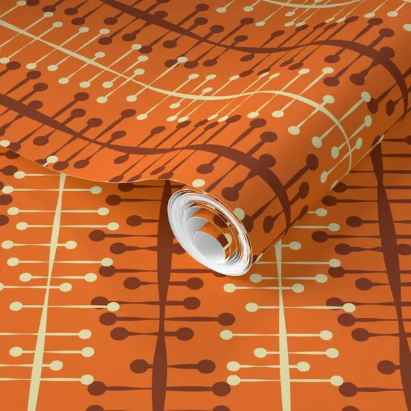 Spoonflower Vintage Blue Retro Orange 1950s Space Starburst Traditional Wallpaper - Orange,beige,brown