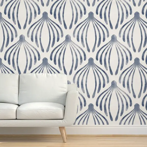 Spoonflower Octopus Damask Navy 100% Natural Sisal Grasscloth Wallcovering