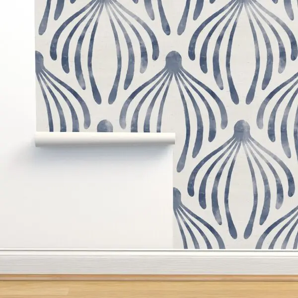 Spoonflower Octopus Damask Navy 100% Natural Sisal Grasscloth Wallcovering