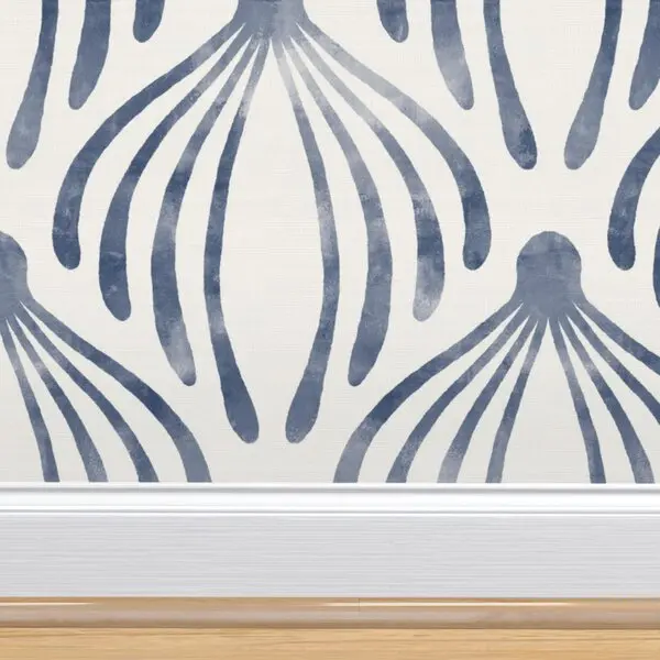 Spoonflower Octopus Damask Navy 100% Natural Sisal Grasscloth Wallcovering
