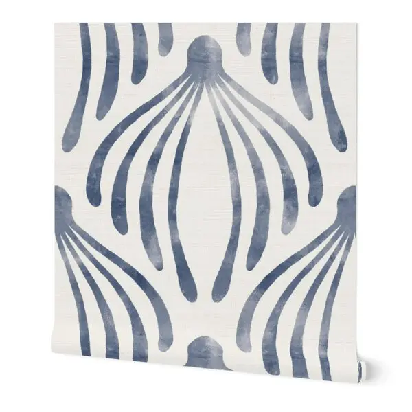 Spoonflower Octopus Damask Navy 100% Natural Sisal Grasscloth Wallcovering