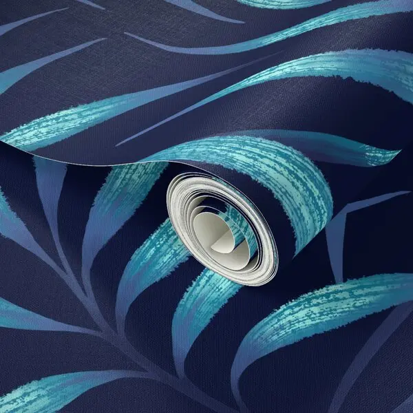 Spoonflower Palm Leaf Navy Blue Leaves Tree Dark Custom Pre-pasted Wallpaper - Blue,purple,navy