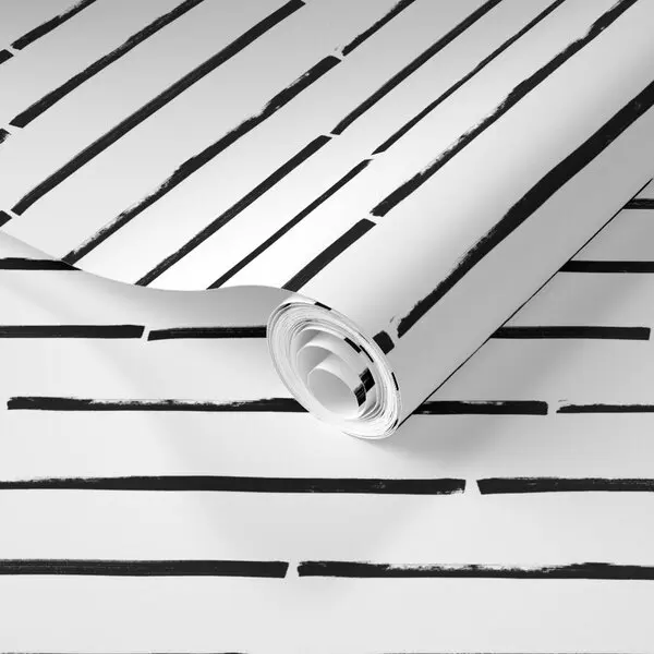 Spoonflower Black White Striped Horizontal Stripes Monochrome Custom Pre-pasted Wallpaper - Black,white,gray