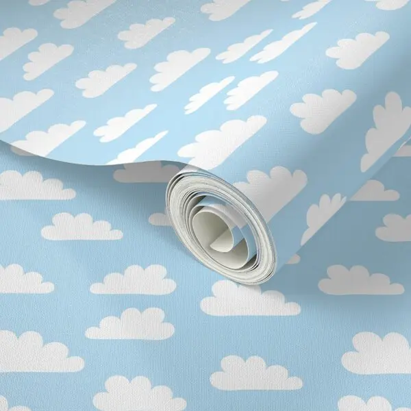 Spoonflower White Clouds Soft Blue Science Technology Custom Pre-pasted Wallpaper - Blue,white