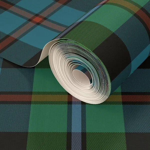 Spoonflower Campbell Of Cawdor Tartan Muted 100% Natural Sisal Grasscloth Wallcovering - Black,green,blue