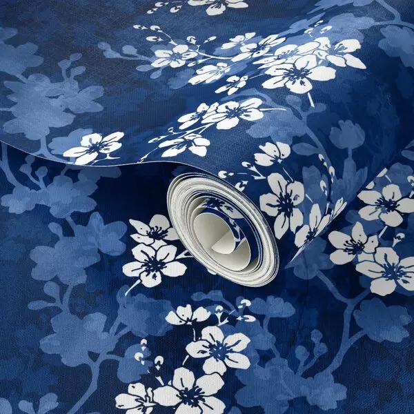 Spoonflower Cherry Blossom Deep Blue Flowers Japanese Custom Pre-pasted Wallpaper - Blue,white