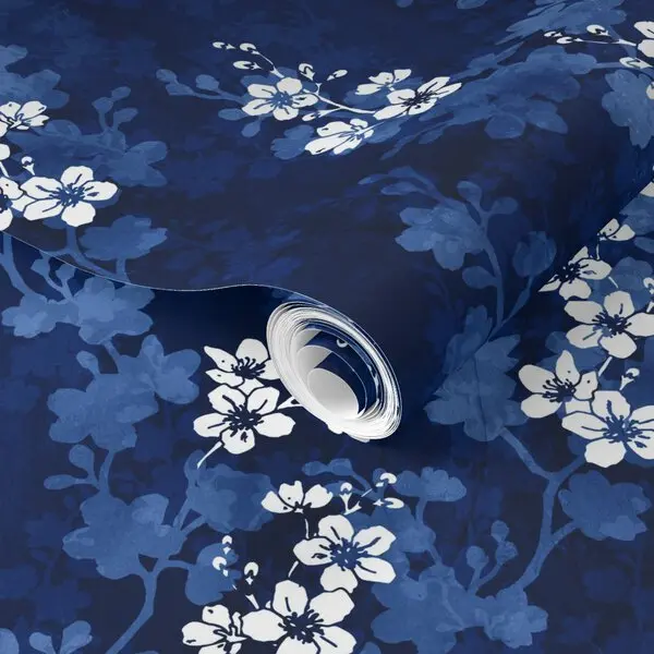 Spoonflower Cherry Blossom Deep Blue Flowers Japanese Custom Removable Wallpaper - Blue,white